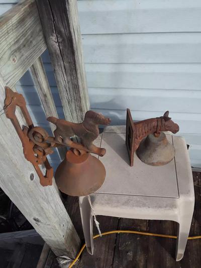 2 cast iron gate bells, one of a horse and one of a dog for sale in ...