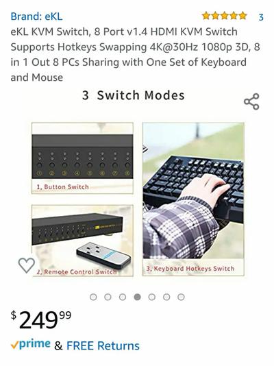 EKL KVM Switch, 8 Port v1.4 HDMI KVM Switch Supports Hotkeys Swapping ...