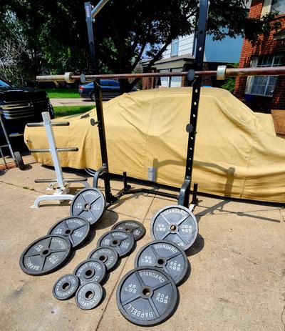 WEIGHT SET WEIGHTS SQUAT RACK BAR & CYBEX WEIGHT TREE READ BELOW for ...