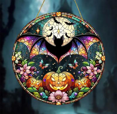 Halloween bat and pumpkin stained glass acrylic suncatcher decoration ...