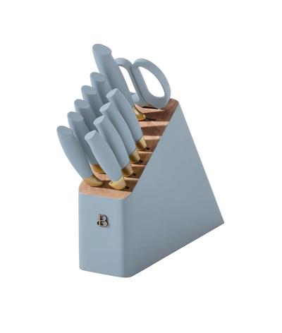 12 Pc Cornflower & Gold Knife Block Set with Soft-Grip Ergonomic ...