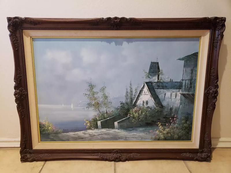 JANE MABRY Original Oil Painting on Canvas Seaside Villa Gorgeous Frame ...