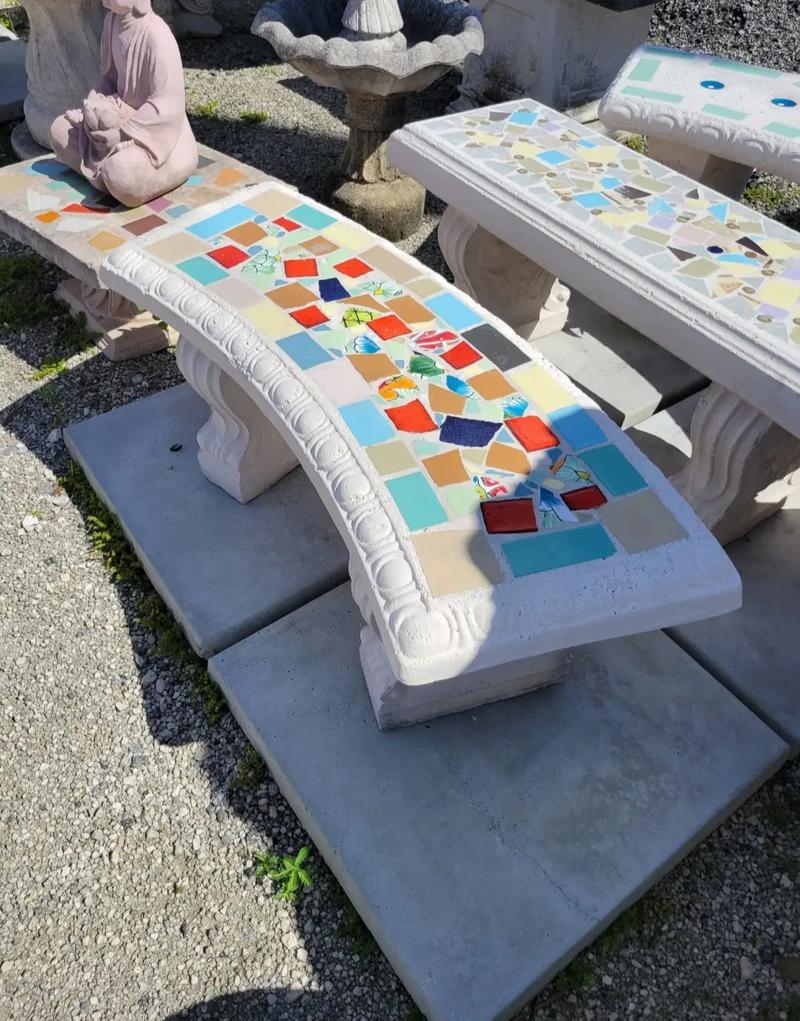 Concrete Mosaic Tile Inlay Curved Benches / Cement Garden Patio Bench ...